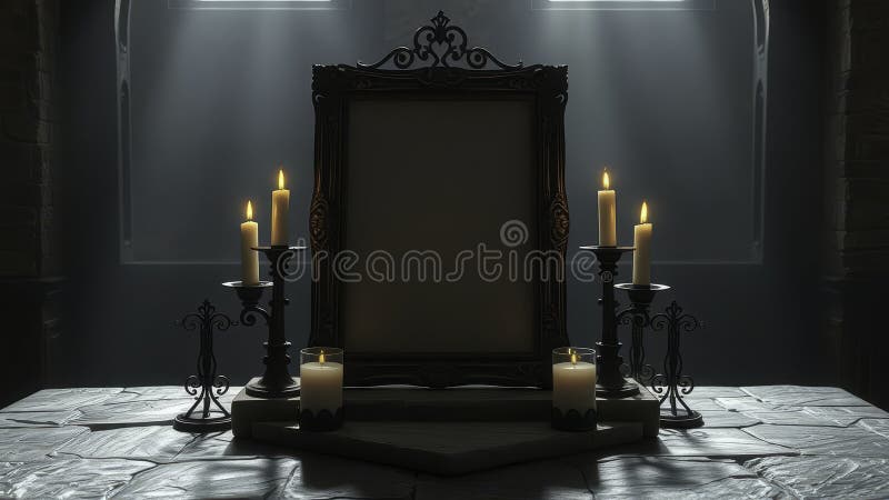 Dark Gothic Vertical Frame on Cold Stone Table Surrounded by Metal ...