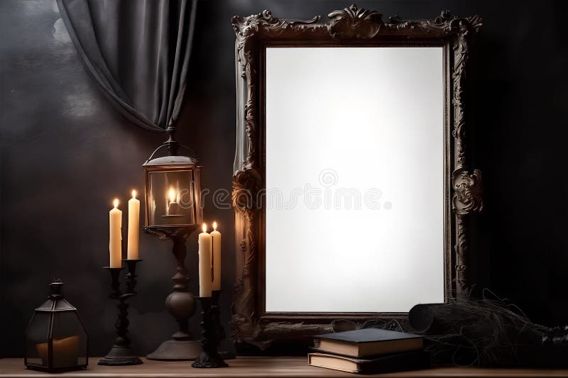 Dark Gothic Vertical Frame Mockup on the Table with Candles Stock ...