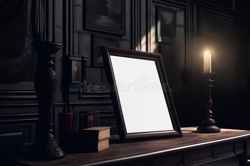 Dark Gothic Vertical Frame Mockup on the Table with Candles Stock ...