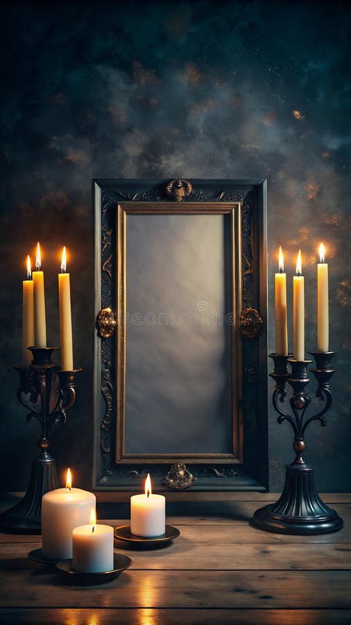 Dark Gothic Vertical Frame Mockup on the Table with Candles Stock ...