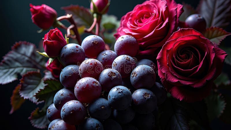 Dark Grapes and Red Roses in Dramatic Lighting Stock Illustration ...