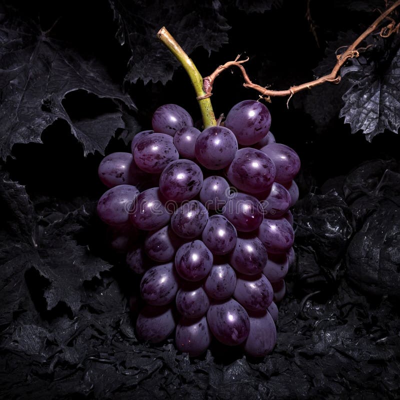 Dark Grapes on Vine Against Black Background Stock Illustration ...