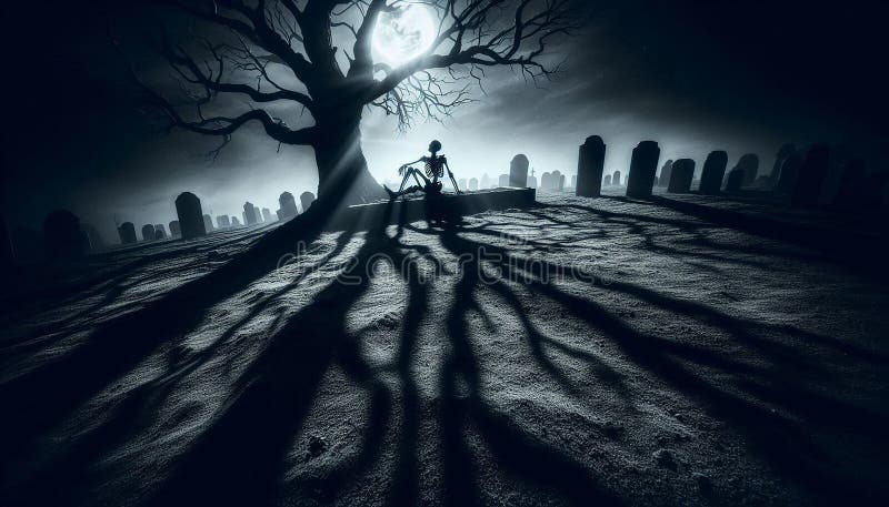 Dark Graveyard with Creepy Shadows and Full Moon Stock Illustration ...