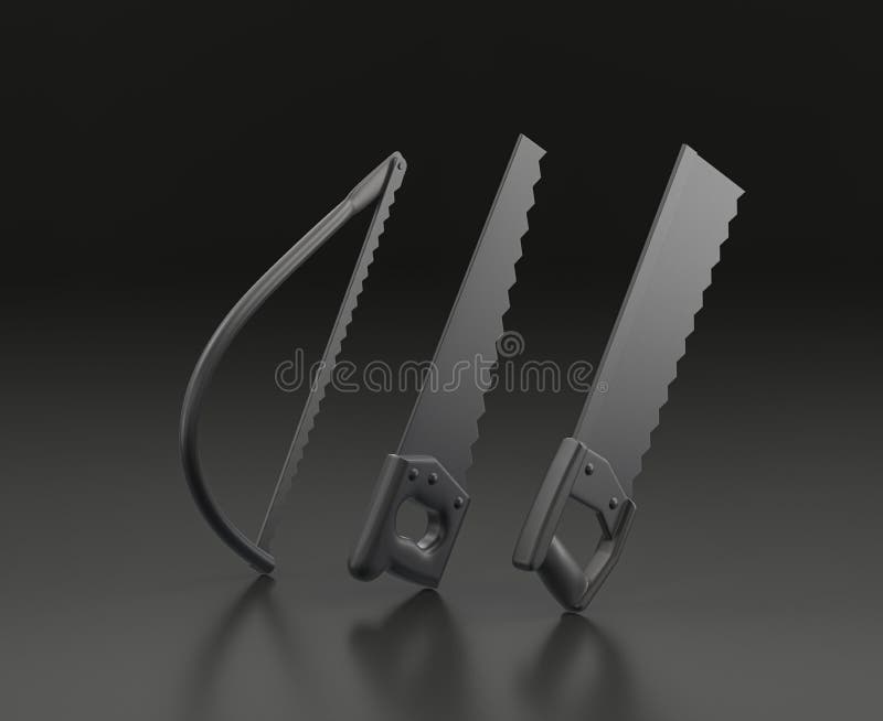 Dark Gray Back Saw, Hand Saw and Tree Saw on Black Background, Single ...
