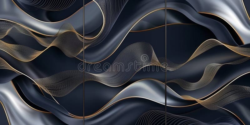 Dark Gray Background with Flowing Waves and Golden Lines, Three Panels ...