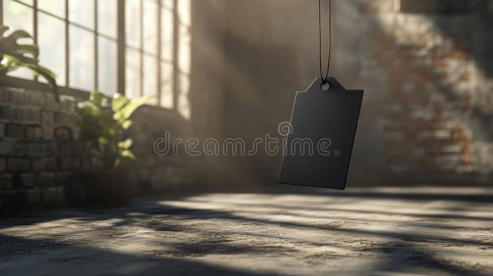Dark Gray Blank Hanging Tag in Rustic Industrial Setting Stock ...