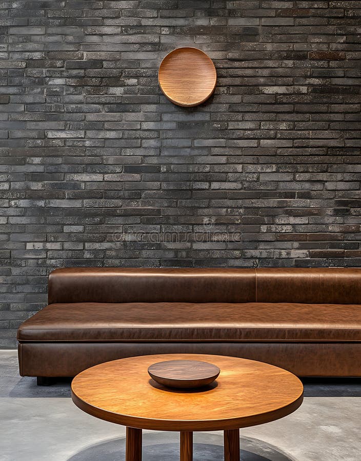 Dark Gray Brick Wall Interior with Brown Leather Sofa and Wooden Table ...