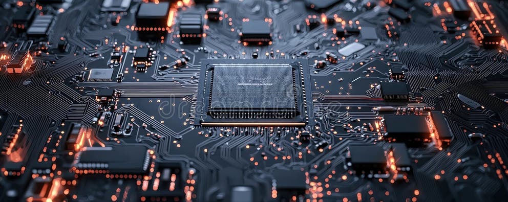 Dark Gray Circuit Board with Glowing Orange Lights and Processor Stock ...