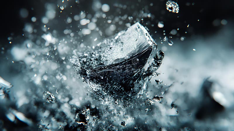 Dark Gray Cube Exploding into Particles and Water Droplets Stock ...