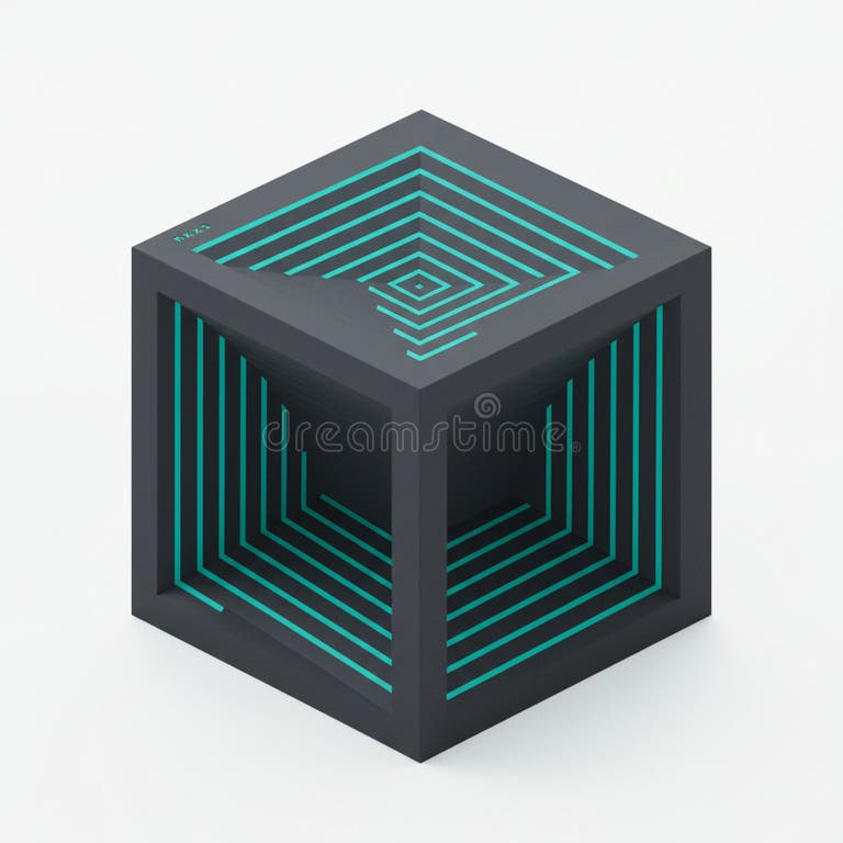 A Dark Gray, Geometric Cube Featuring Concentric, Turquoise Lines on ...