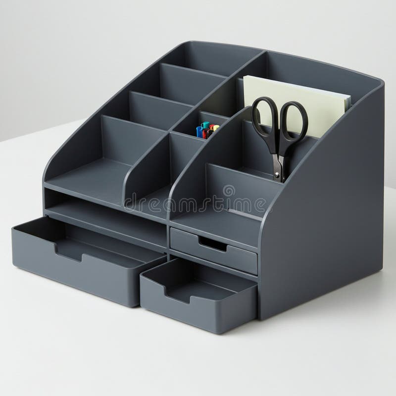 A Dark Gray Plastic Desk Organizer Featuring Multiple Compartments for ...