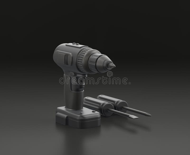 Dark Gray Power Drill and Drivers on Black Background, Single Color ...