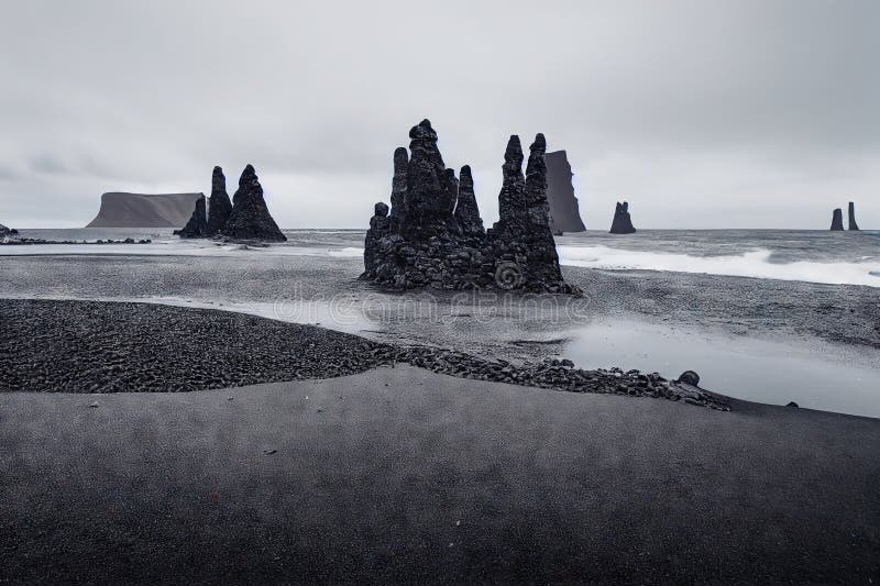 Dark Gray Rocks on Deserted Shore of Iceland Beach Stock Illustration ...