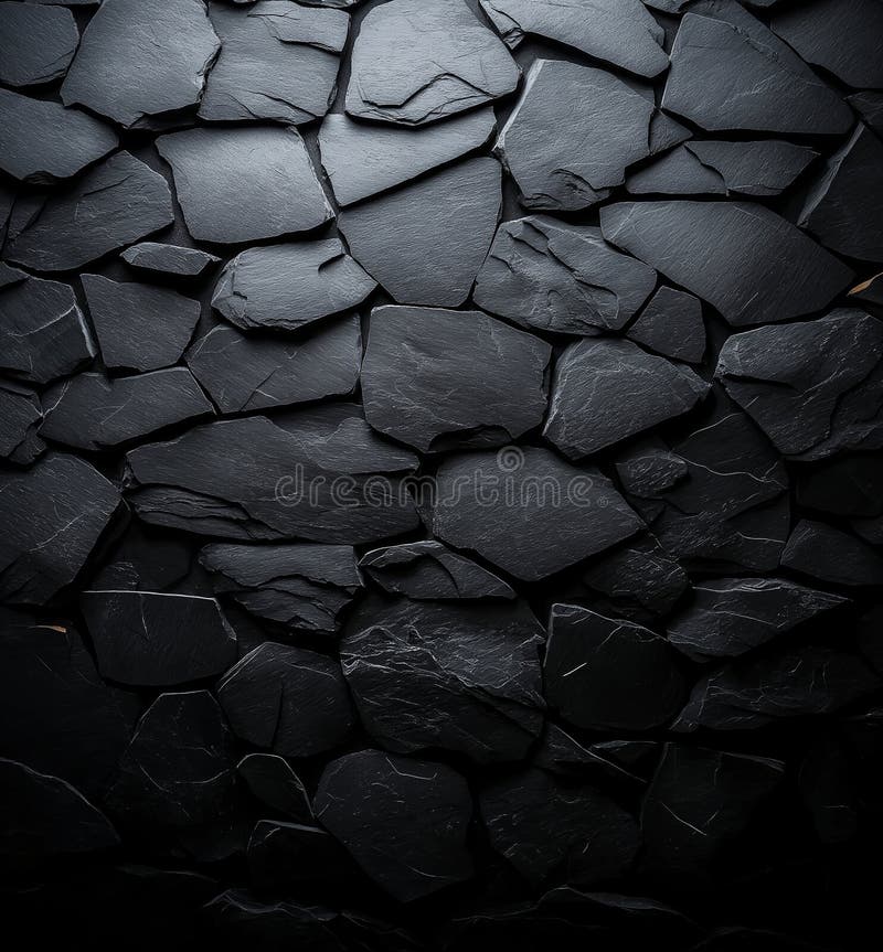 Dark Gray Slate Stone Wall Texture with Irregular Shapes and Shadows, Creating Dramatic and ...