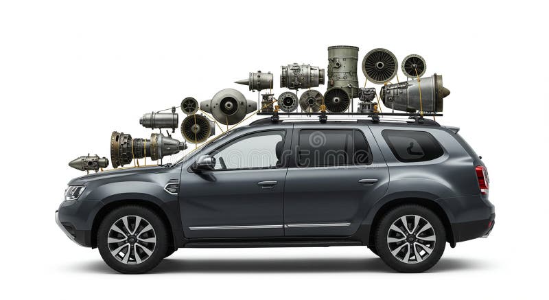 A Dark Gray SUV is Equipped with Multiple Jet Engine Components Mounted ...