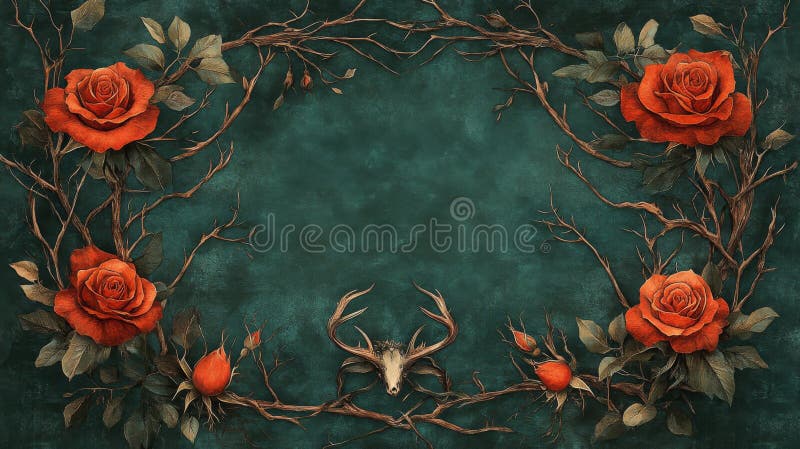 Dark Green Background Roses Branches and Deer Skull Stock Illustration ...