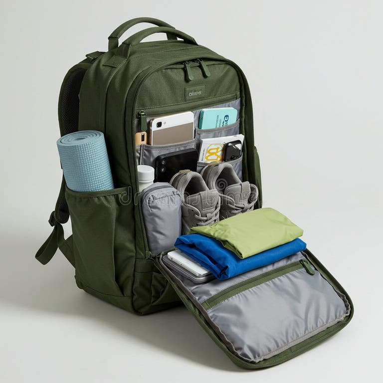 Dark Green Backpack with Multiple Compartments, Featuring a Top Handle ...