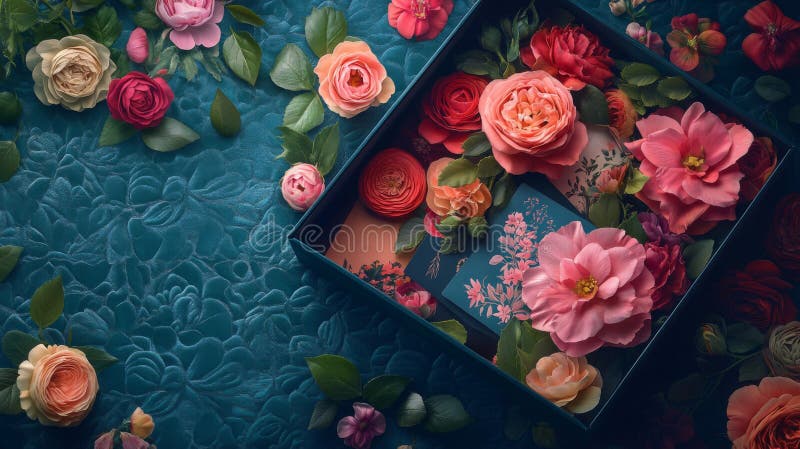 Dark Green Box Filled with Assorted Roses and Flowers Stock ...