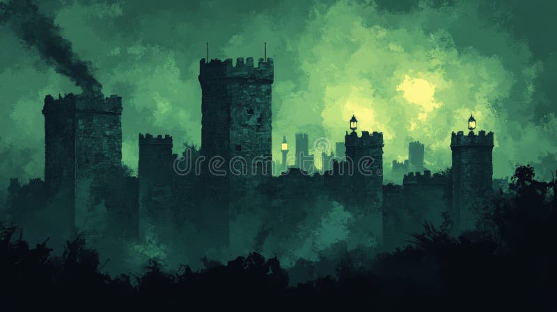 Dark Green Castle Silhouette at Night Stock Illustration - Illustration ...