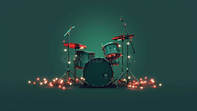 Dark Green Drum Set with Glowing String Lights on Moody Background ...