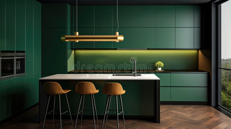 The Dark Green, Forest Interior of the Kitchen, the Design is Modern ...
