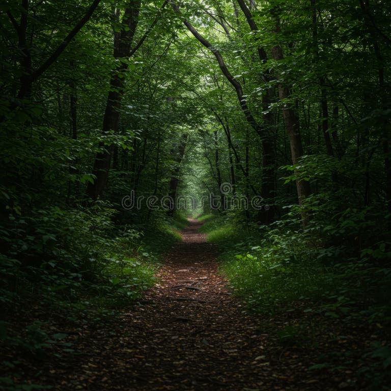Dark Green Forest Path with Dappled Sunlight Stock Illustration - Illustration of walk, shadows ...