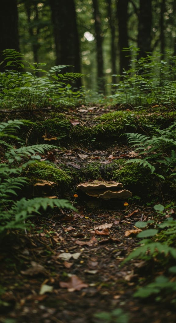 Dark Green Forest Path with Moss and Mushrooms Stock Illustration - Illustration of peaceful ...
