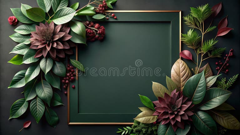 Dark Green Frame Surrounded by Lush, Deep Red and Green Foliage and ...