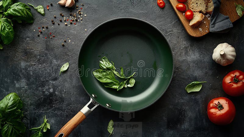 Dark Green Frying Pan with Basil, Tomatoes, Garlic, and Bread on Dark ...