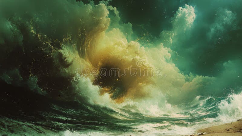 Dark Green and Gold Ocean Wave Storm Abstract Art Stock Illustration ...