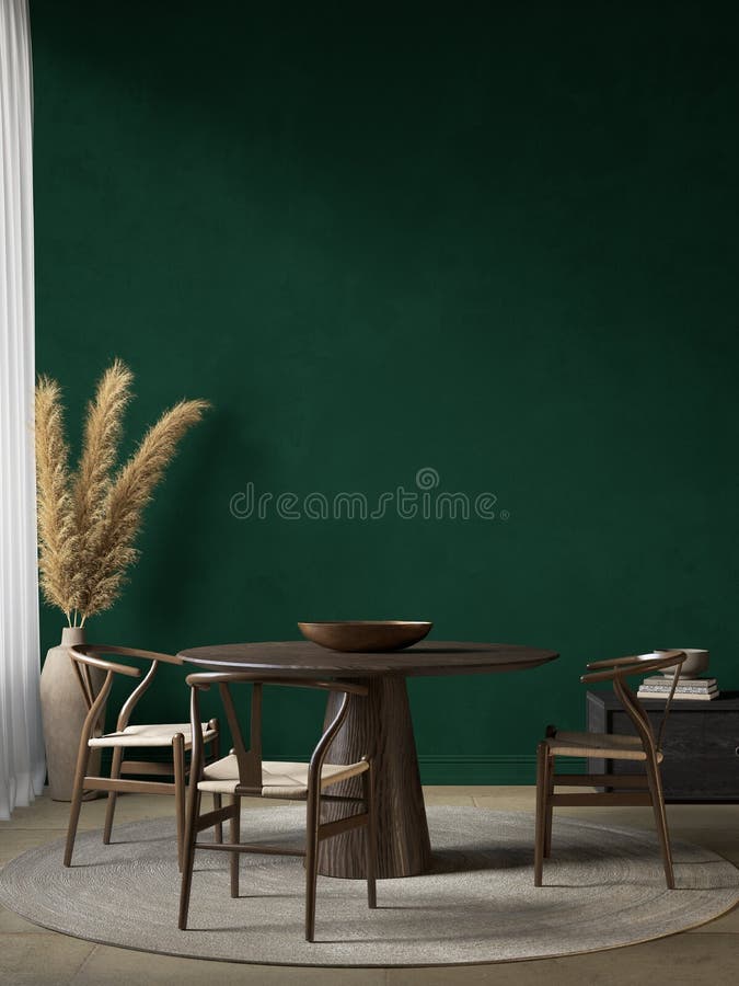 Dark Green Interior with Dining Table and Decor. Stock Illustration ...