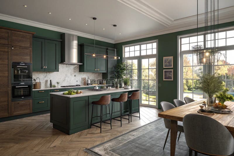 Dark Green Kitchen and Dining Room Interior Design 3D Render Stock ...