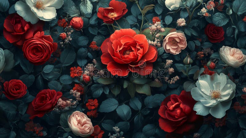 Dark Green Leaves Surround Red and White Roses Stock Illustration ...