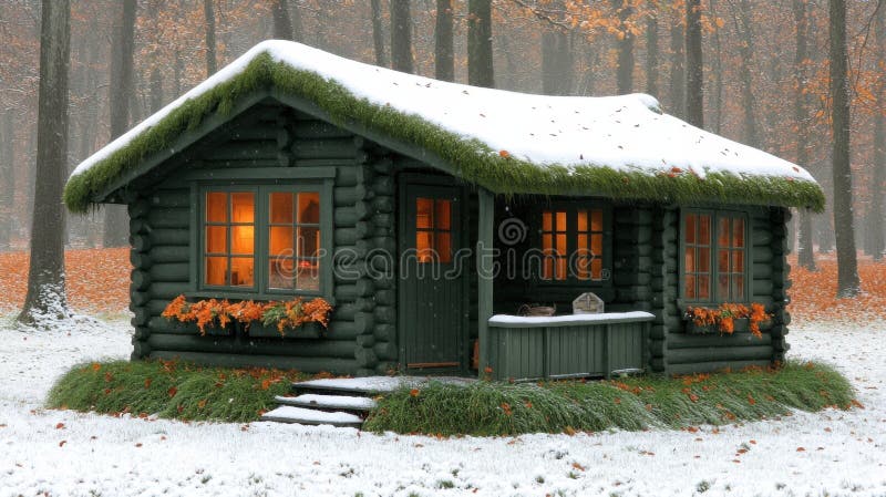 Snowy Log Cabin in Autumn Woods Stock Image - Image of door, escape ...