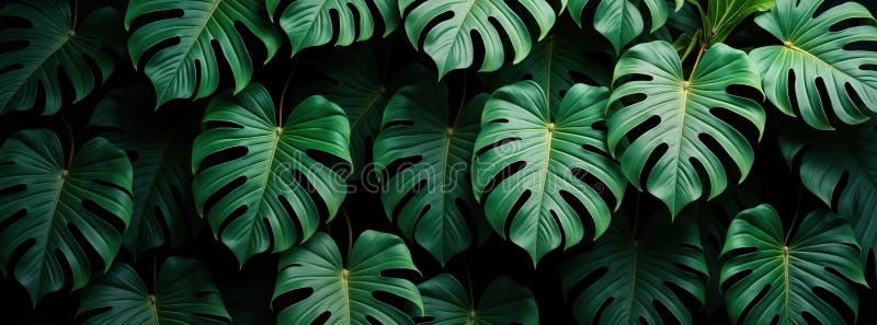 Dark Green Monstera Leaves Pattern with Deep Dark Tones. Tropical ...