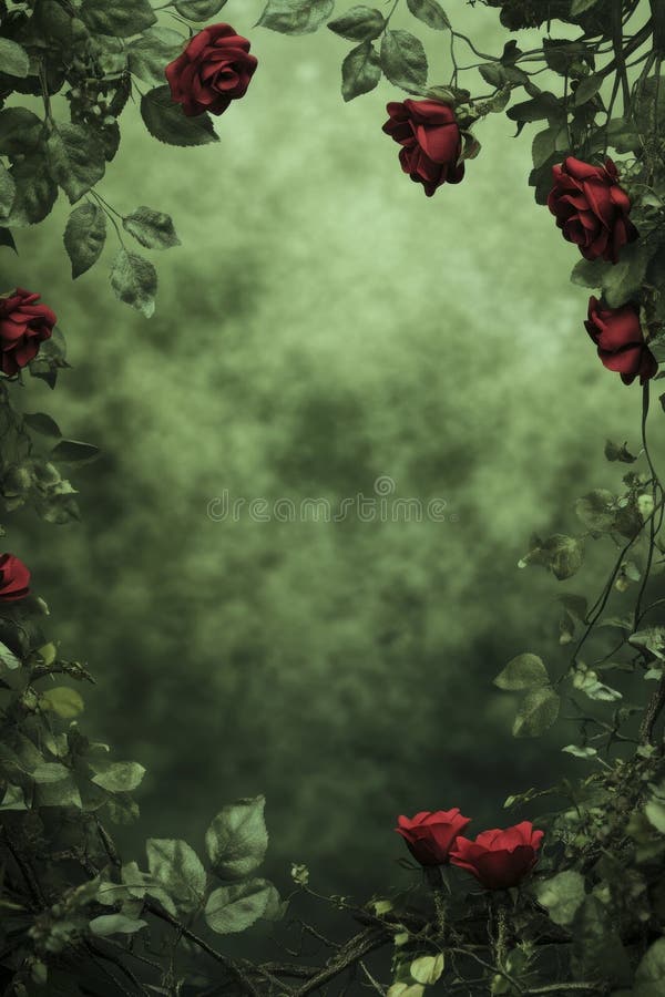 Dark Green Moody Background with Red Roses and Vines Stock Illustration ...