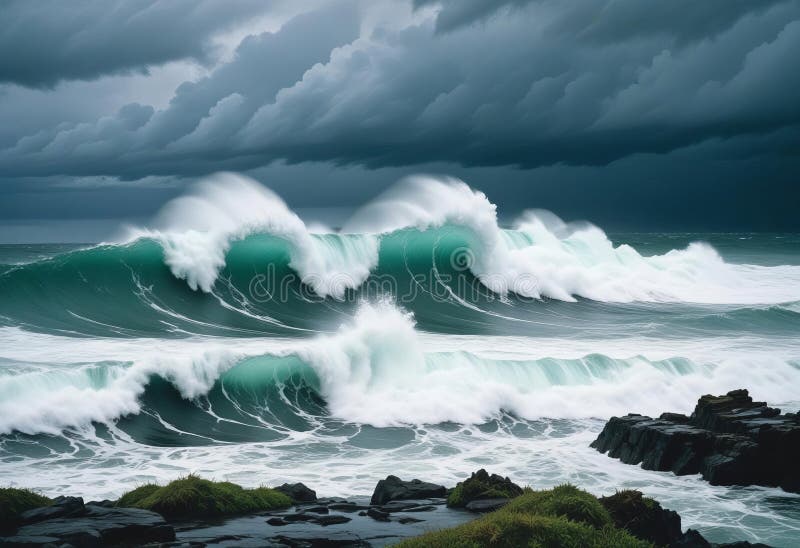 Dark Green Ocean with Waves Crashing on Rocky Shore Stock Illustration ...