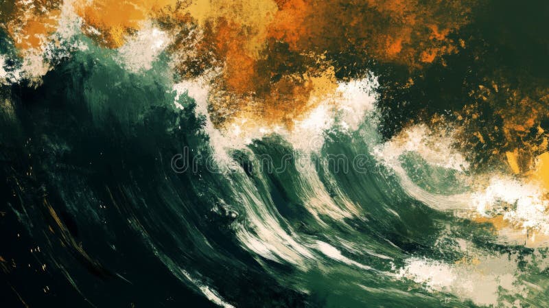 Dark Green and Orange Ocean Waves Abstract Painting Stock Illustration ...