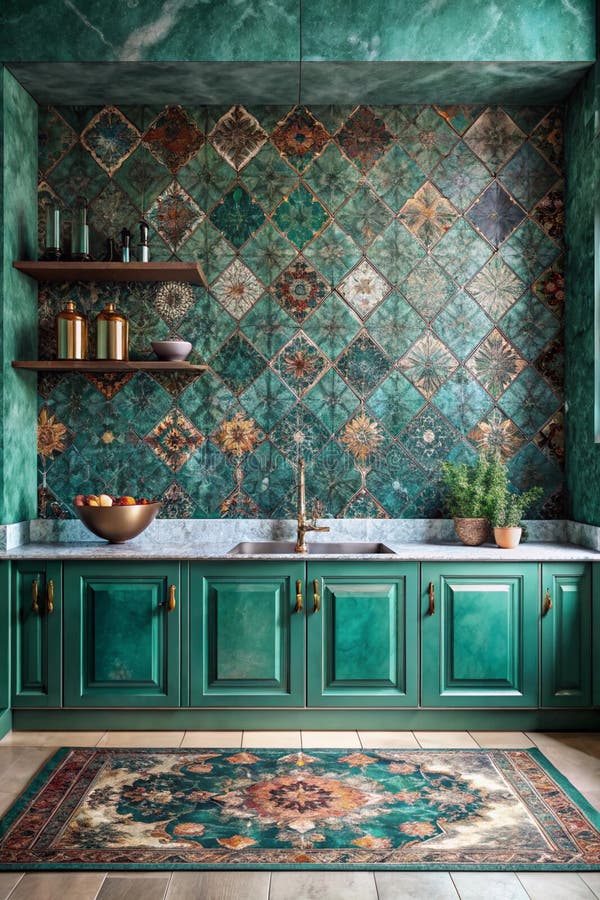 Dark Green Painted Wall with Metallic Tiles and Marble Texture Stock ...