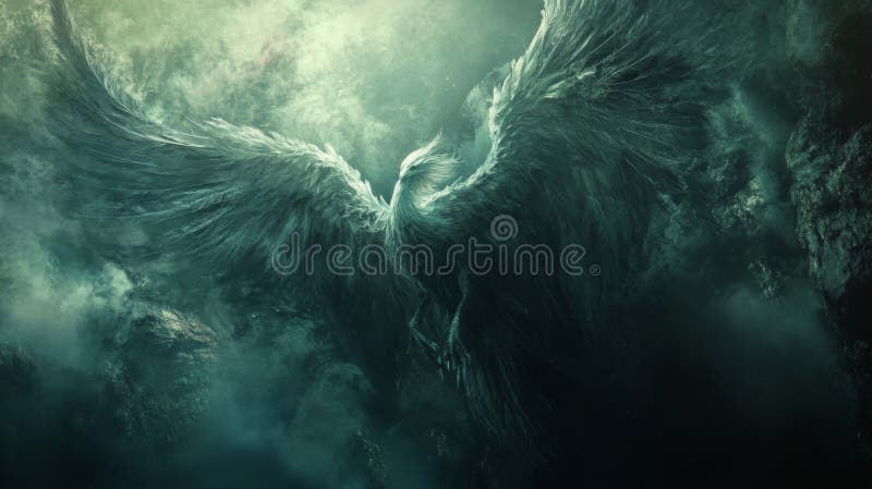 Dark Green Phoenix Soaring through Cosmic Clouds Stock Illustration ...