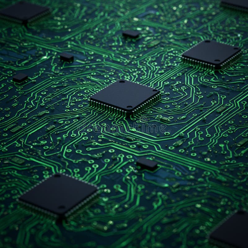 A Dark Green Printed Circuit Board Features Multiple Microchips, Each ...