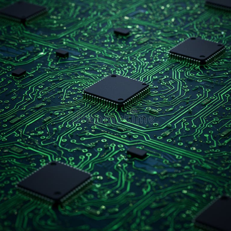 A Dark Green Printed Circuit Board Features Multiple Microchips, Each ...