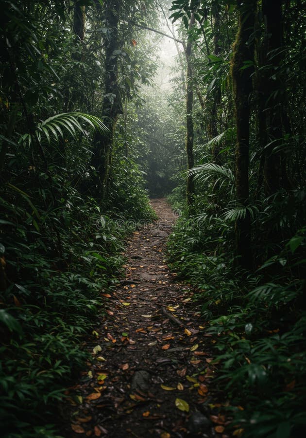 Dark Green Rainforest Trail in Lush Tropical Forest Stock Photo - Image ...