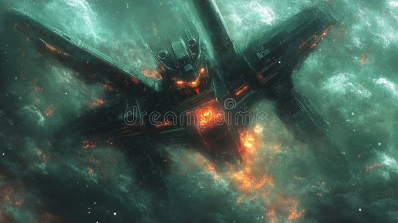 Dark Green Robot Ship in Fiery Space Nebula Stock Illustration ...