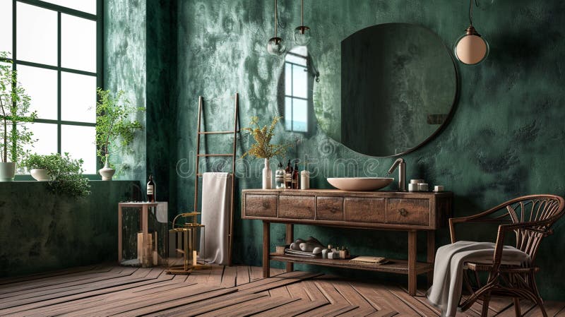 Dark Green Rustic Bathroom, Wall Mock . Ai Generative Stock ...