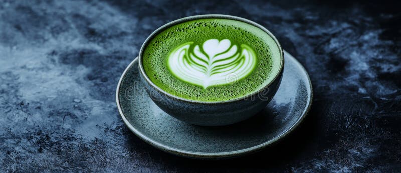 A Dark Green Textured Background Features a Green Matcha Tea Mug, with ...