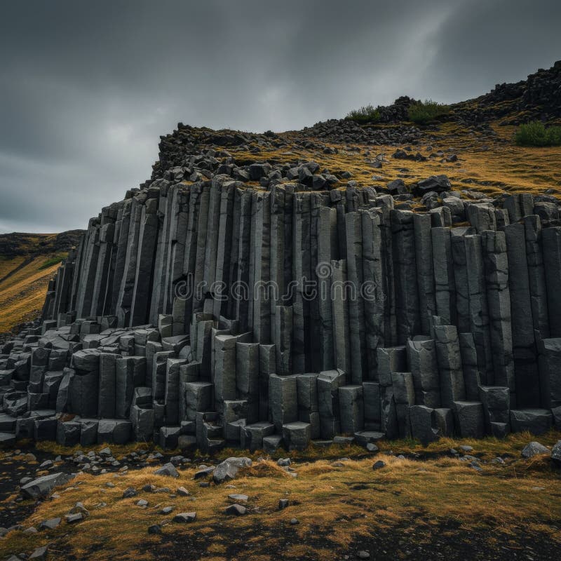 Dark Grey Basalt Columns Rock Formation Landscape Stock Illustration ...
