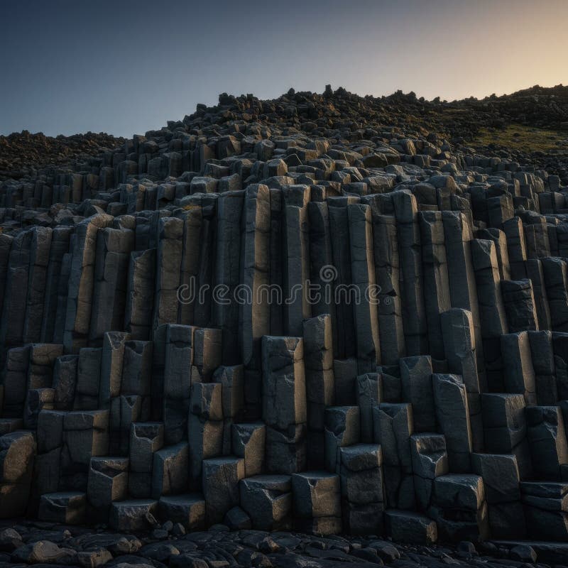Dark Grey Basalt Columns Rock Formation at Sunset Stock Illustration ...