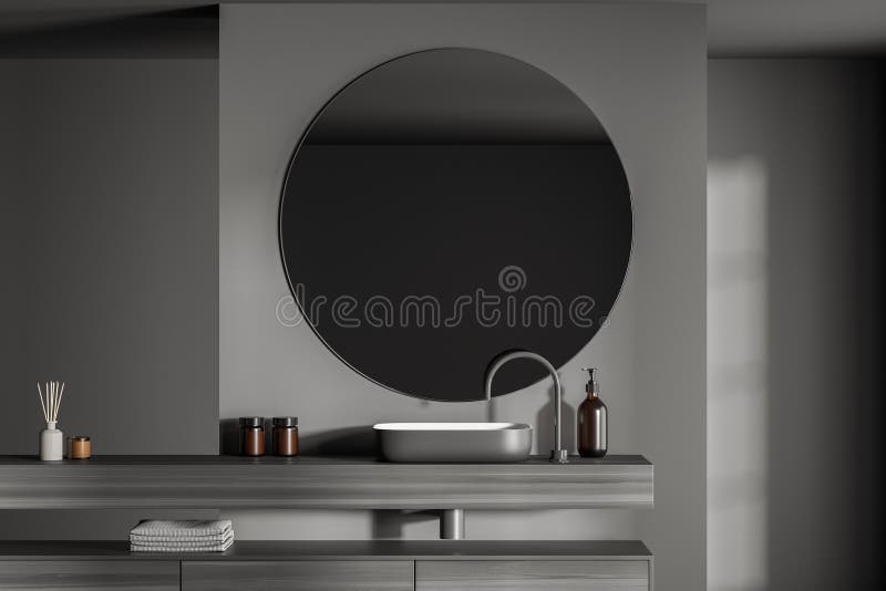 Dark Grey Bathroom Vanity Area with Round Mirror Stock Illustration ...
