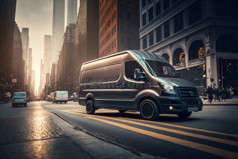 Dark Grey Cargo Van. City Street Background. Side View Stock Photo ...